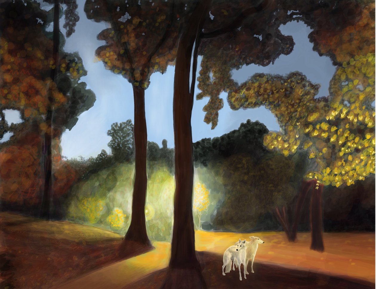 Minnie and Penny In Park At Dawn, Brooklyn by Evan Sklar