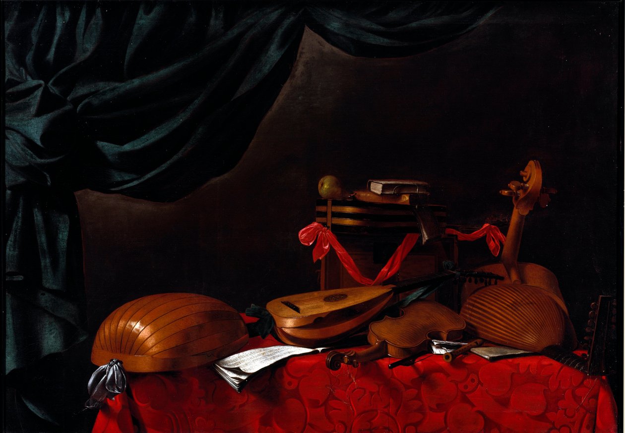 Still life with musical instruments and a pear. Painting by Evarista Baschenis. 17th century ...