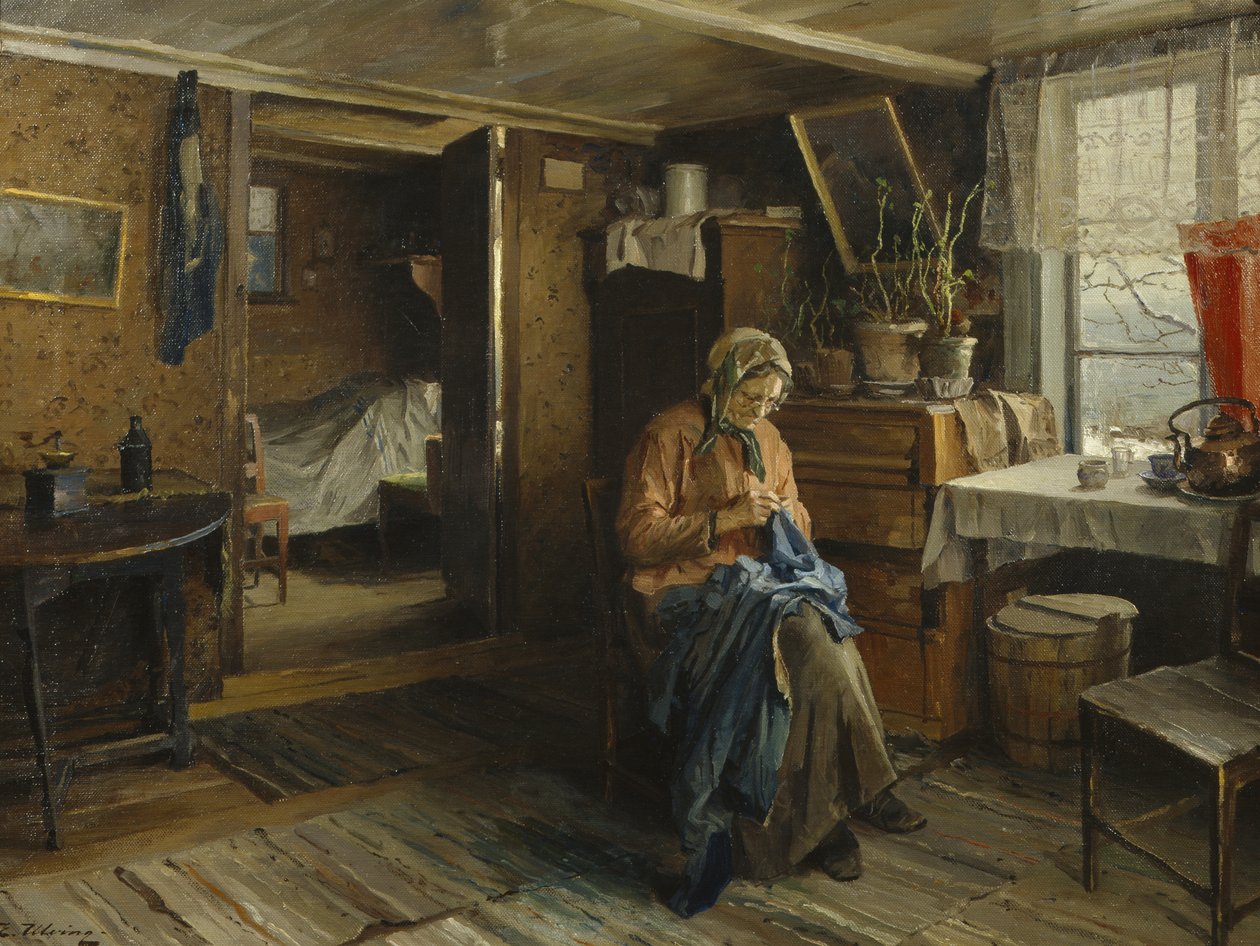 Wife in farmer's interior by Even Ulving: Fine art print