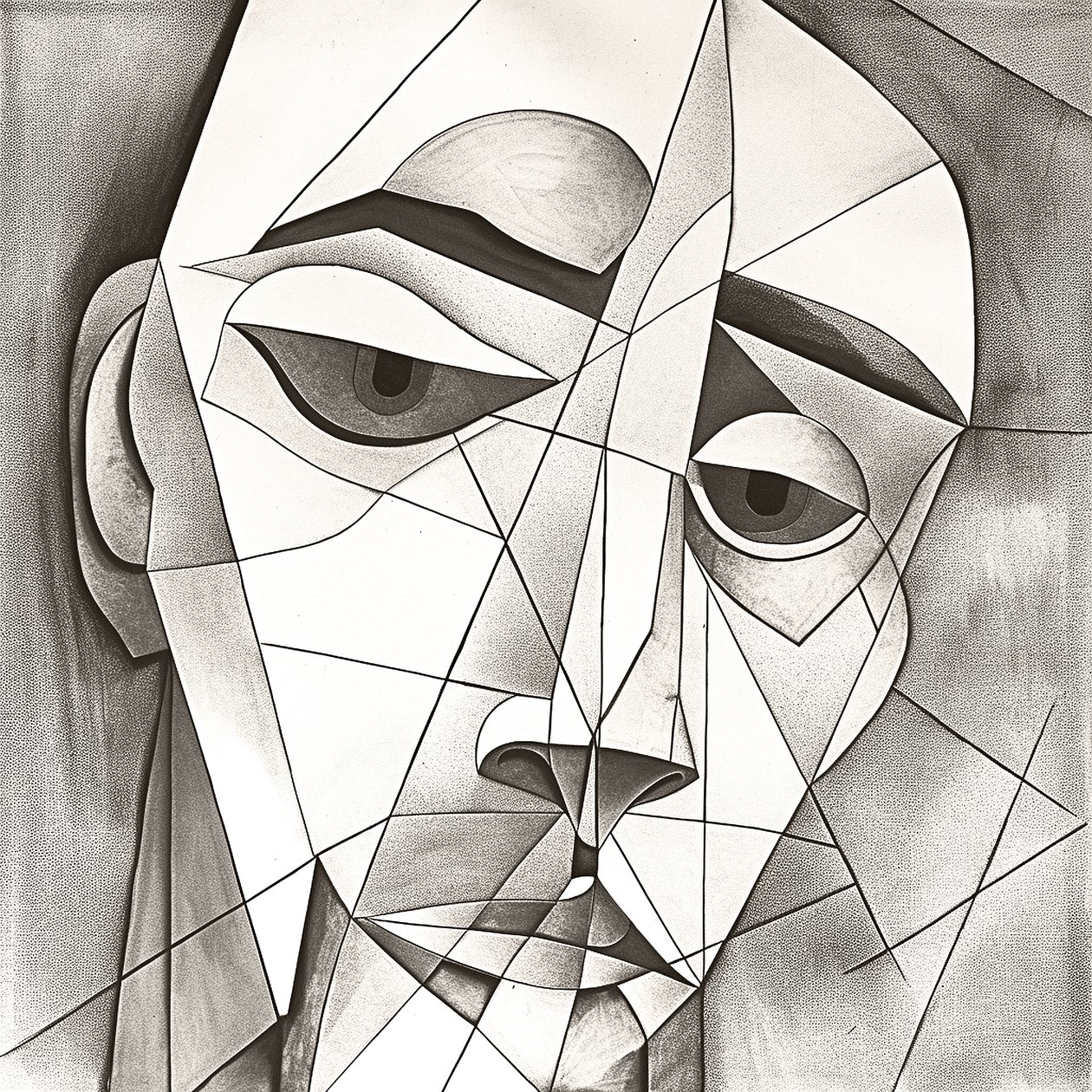 Abstract Primitive Pencil Drawing Depicting a Melancholic Facial Portrait