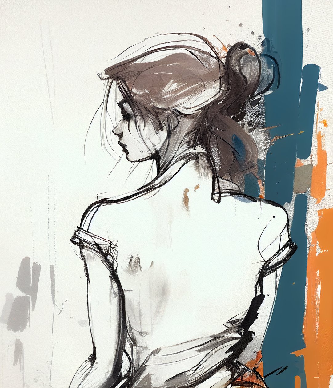 Drawing of a Girl from Behind with Minimalist Lines