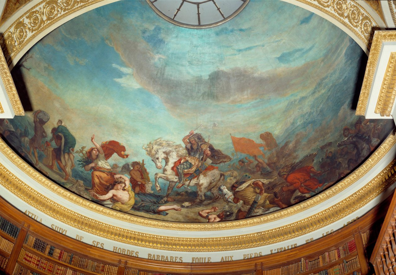 Attila chief of the Huns tribe, followed by his barbarian hordes ...