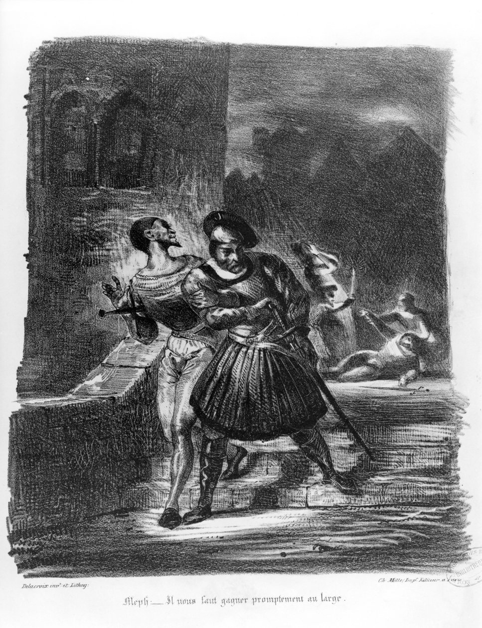 Mephistopheles and Faust escaping after Valentine's Death, from Goethe ...