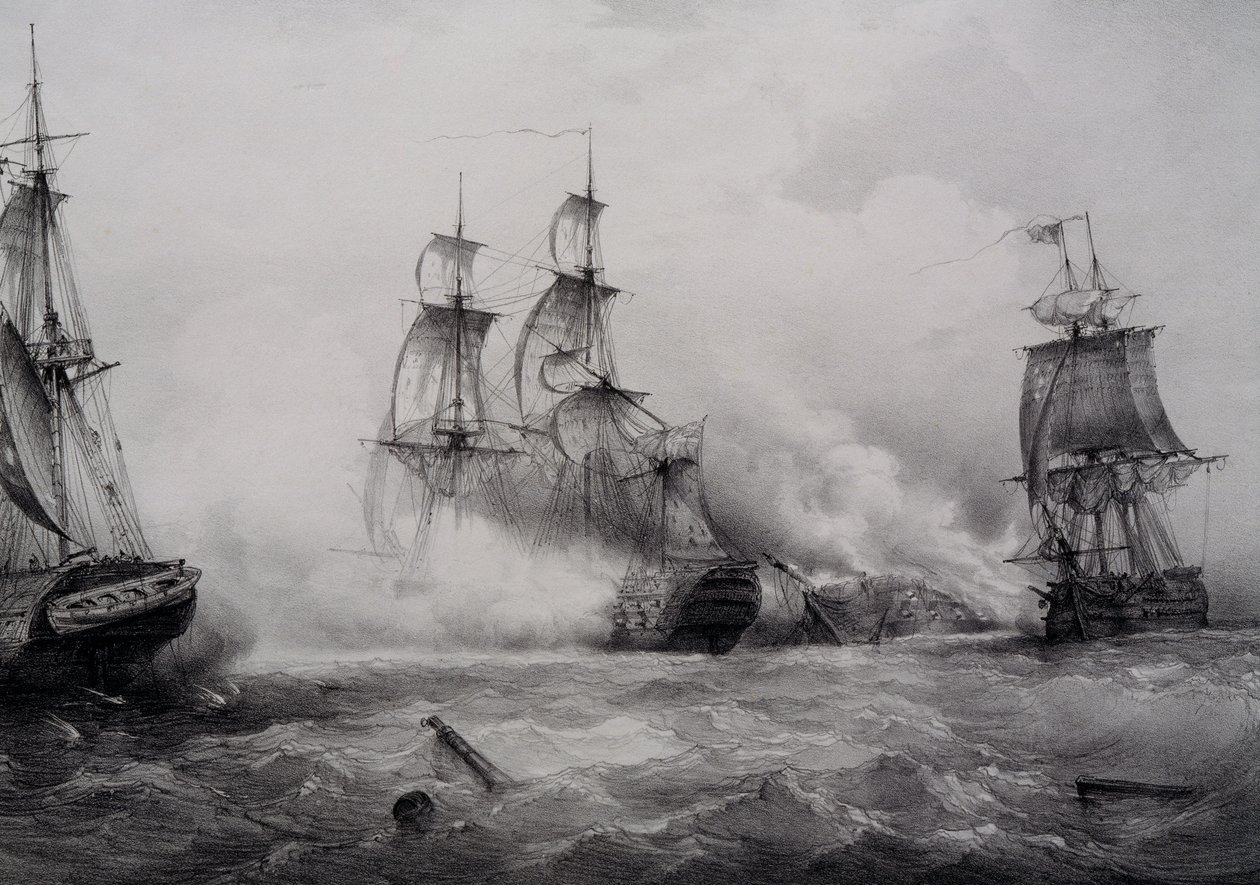 Fighting between British and American third-rate sailing ships with 74 ...