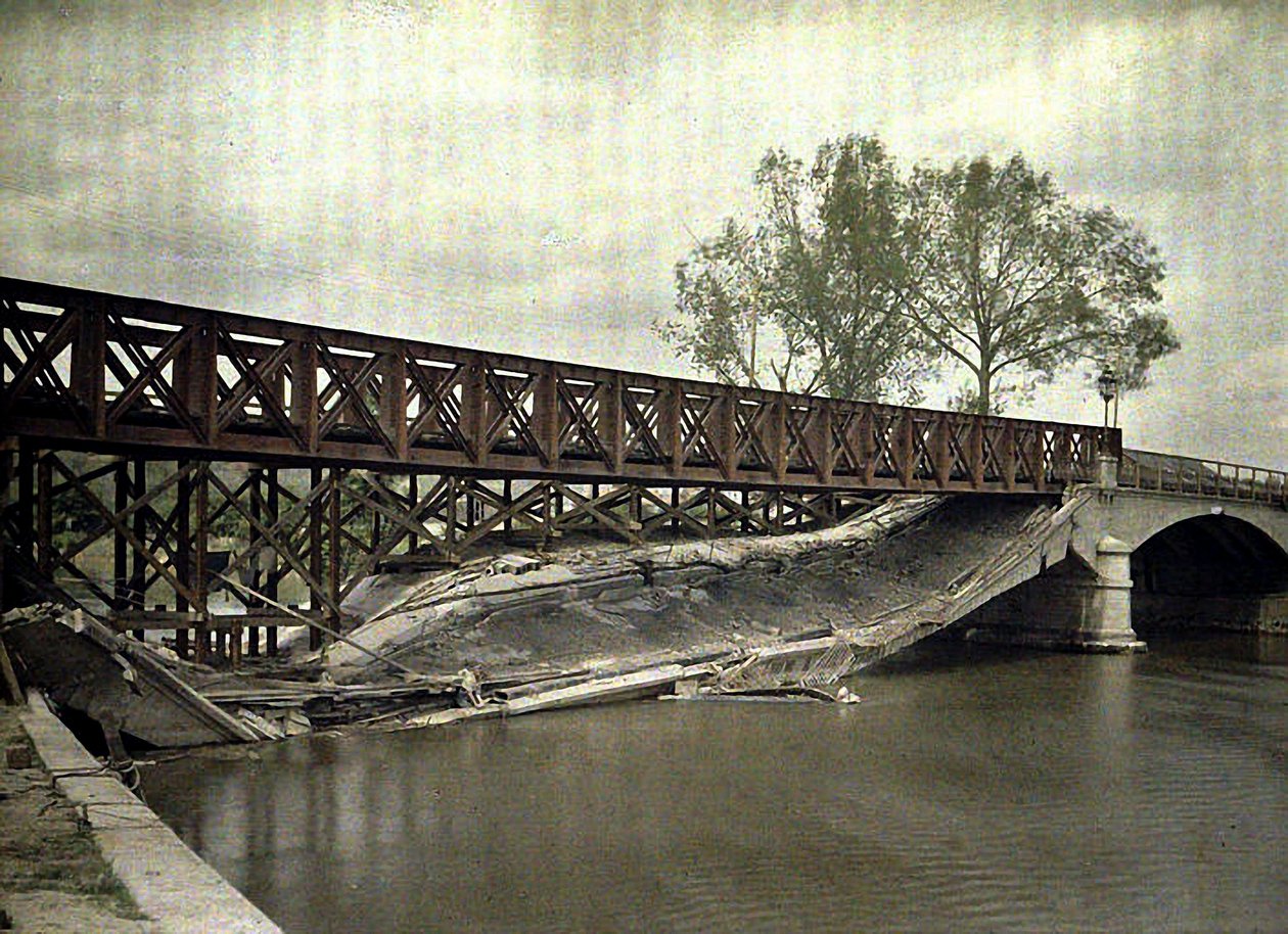 Destroyed bridge over the Aisne, reconstructed by engineers, France