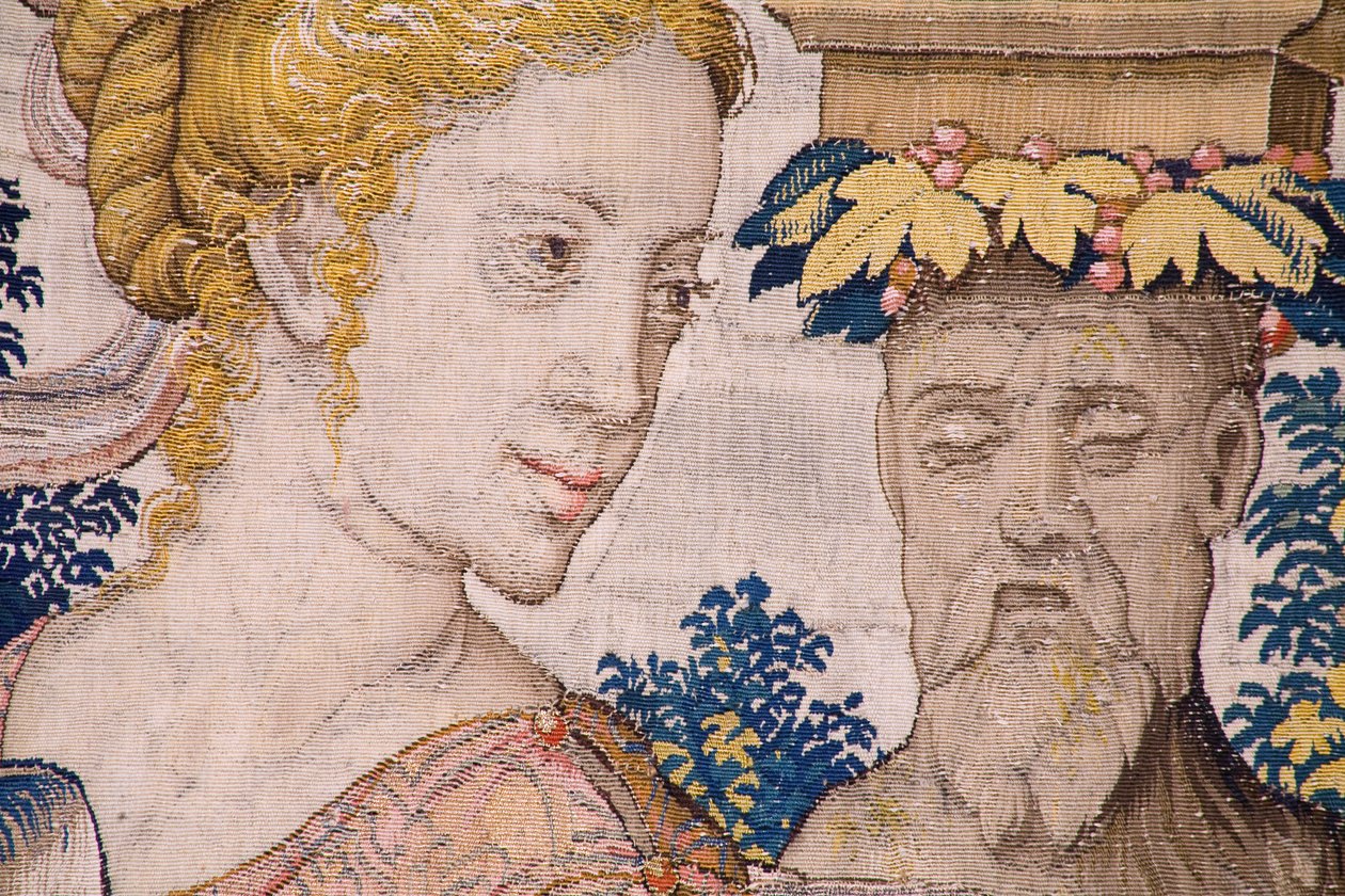 Flemish tapestry. Series Vertumnus and Pomona: Vertumnus transformed ...