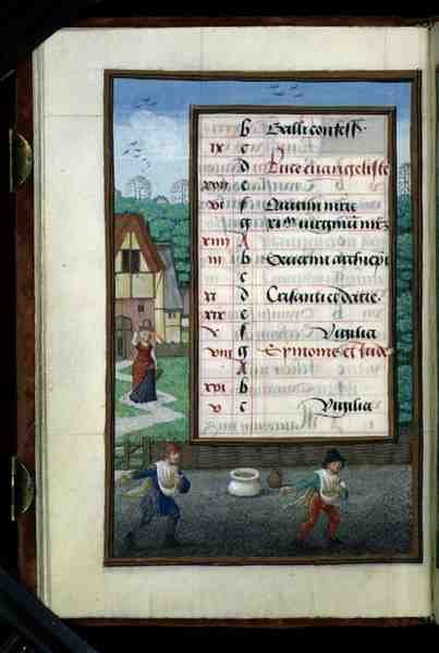 Two Men Sowing Corn, illuminated calendar page for October, from a Book ...