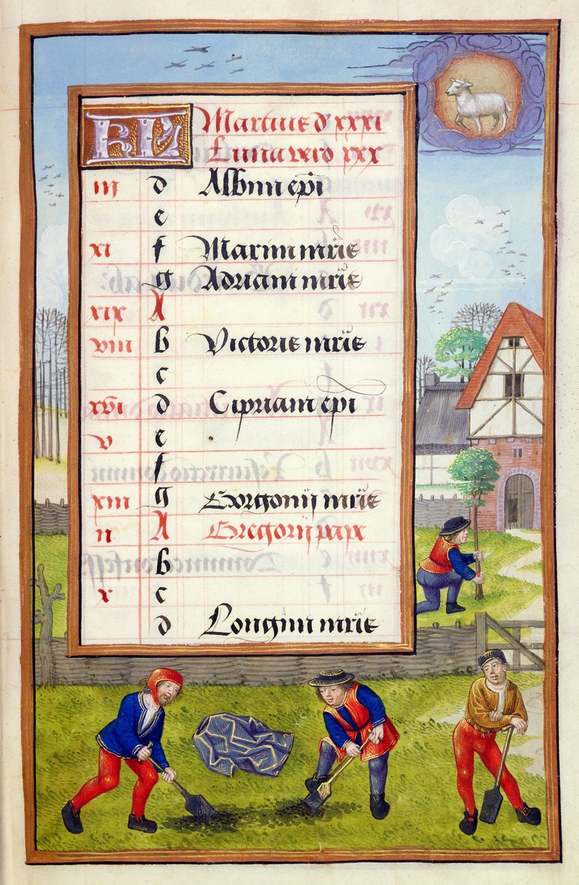 Digging and Tree Planting, illuminated calendar page for March, from a ...