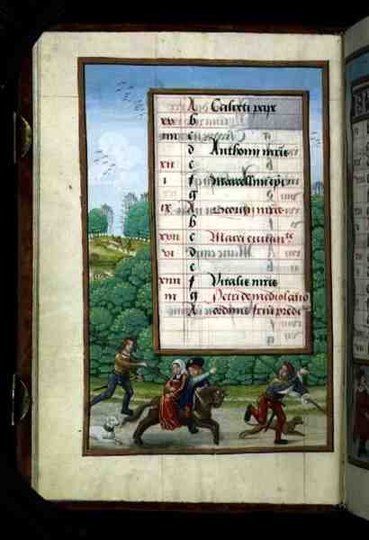 A Master and his Lady Ride with the Hunt, illuminated calendar page for ...