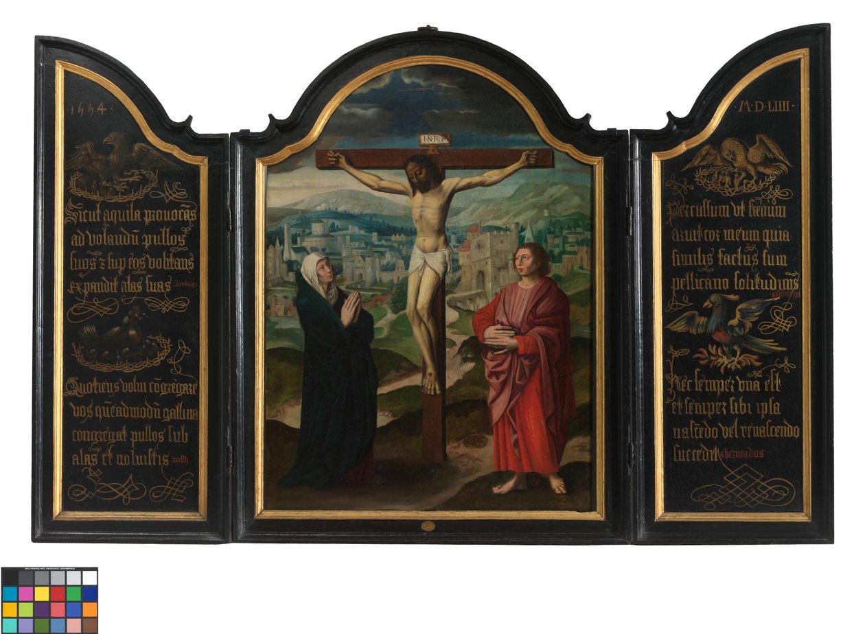 Triptych with Crucifixion and Texts by Flemish School