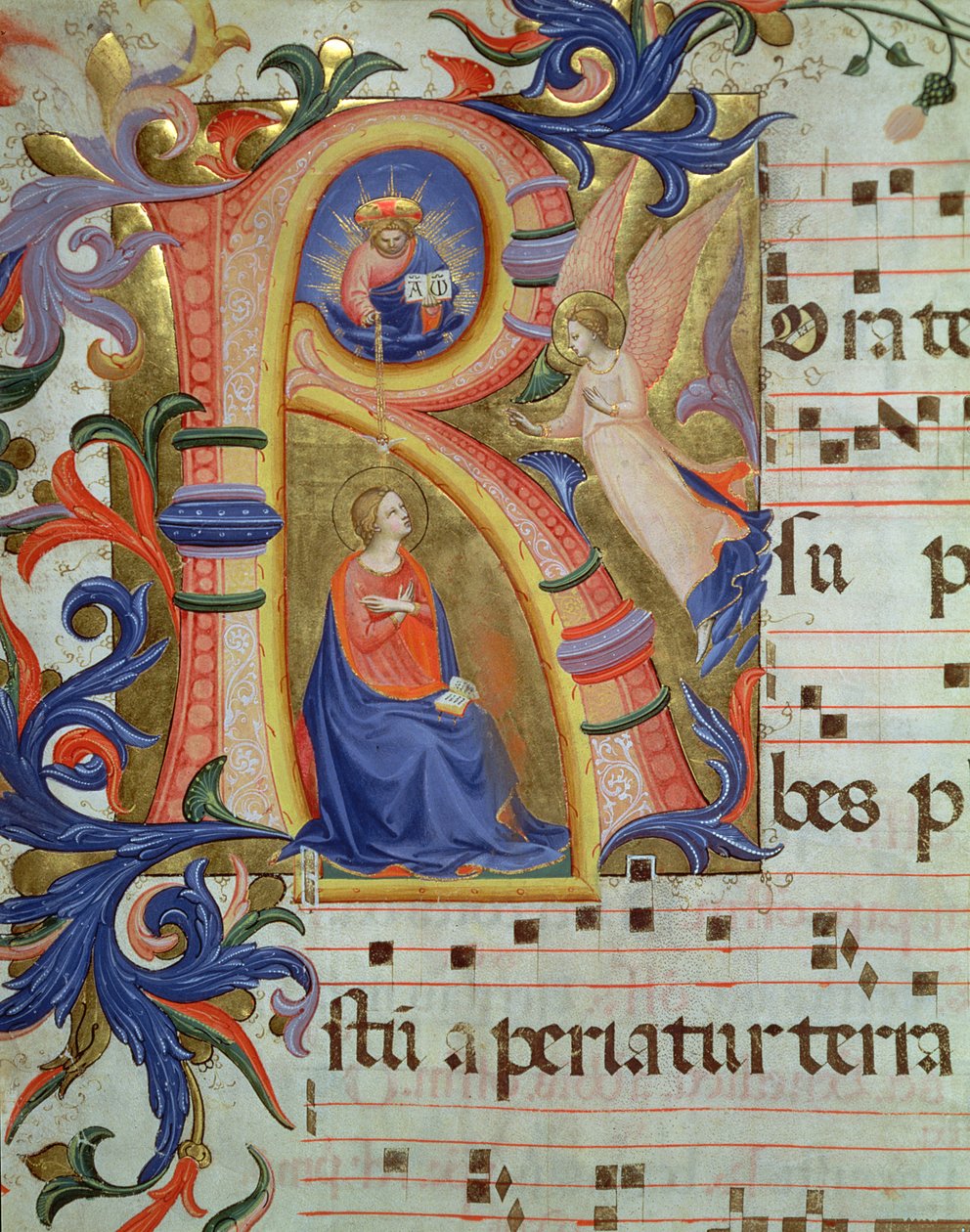 The Annunciation depicted in an historiated initial 'R', detail from a ...