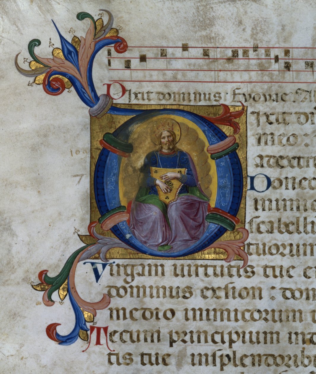 Historiated initial 'D' depicting King David with his lyre, from a ...