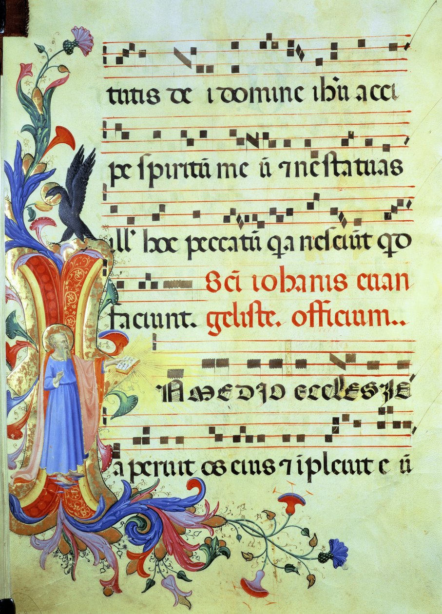 Historiated initial 'I' depicting St. John the Evangelist, with page of ...