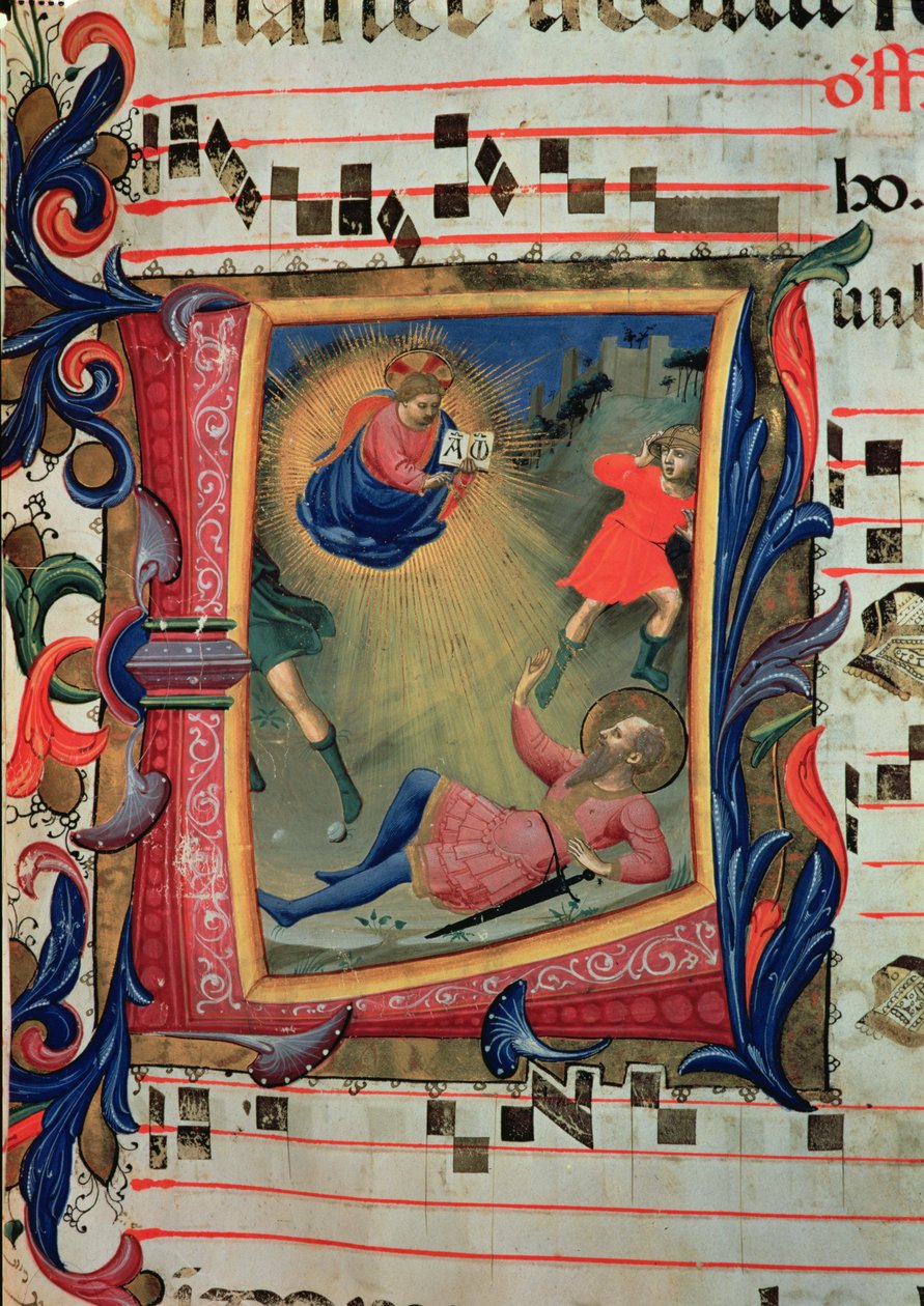 Historiated initial depicting the Conversion of St. Paul, (detail)
