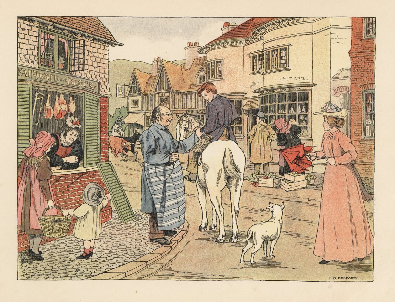 Victorian Butcher and Butcher's Boy on Horseback in a Village Street