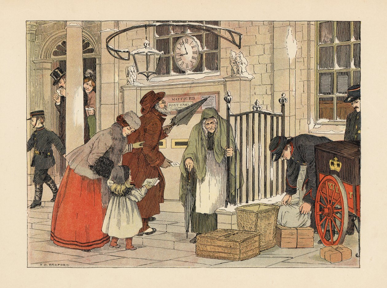Victorian people posting letters near Christmas Day at the Post Office ...