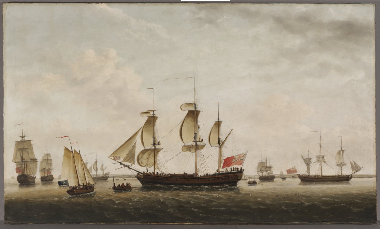 Captain Cook's ships HMS Resolution and Adventure in the Long Reach, 1772