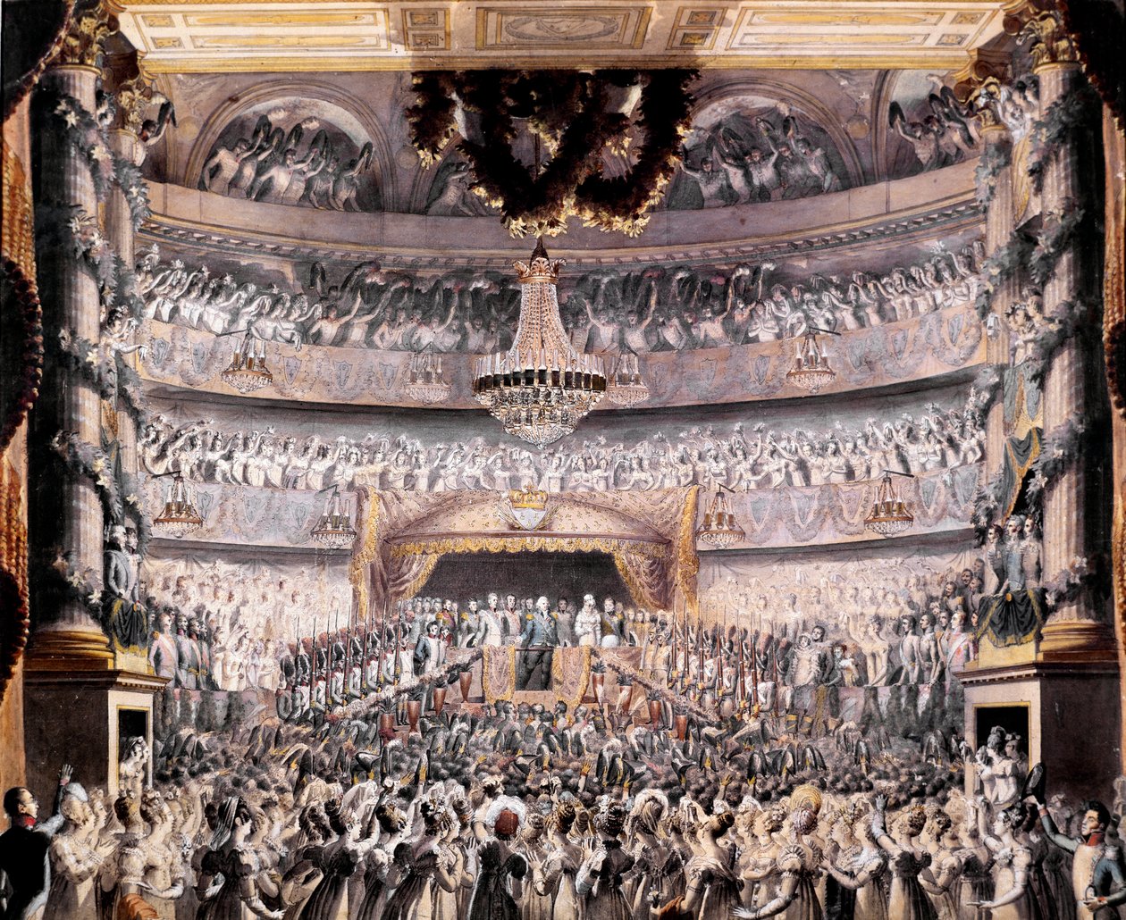 Louis XVIII (1755-1824) attends the theatre of Odeon at a party given ...