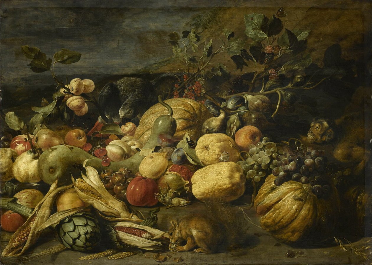 Fruit and Vegetables with a Monkey, a Parrot and a Squirrel