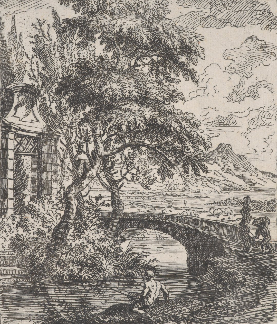 Two figures at right about to cross a stone bridge, a fisherman in the ...