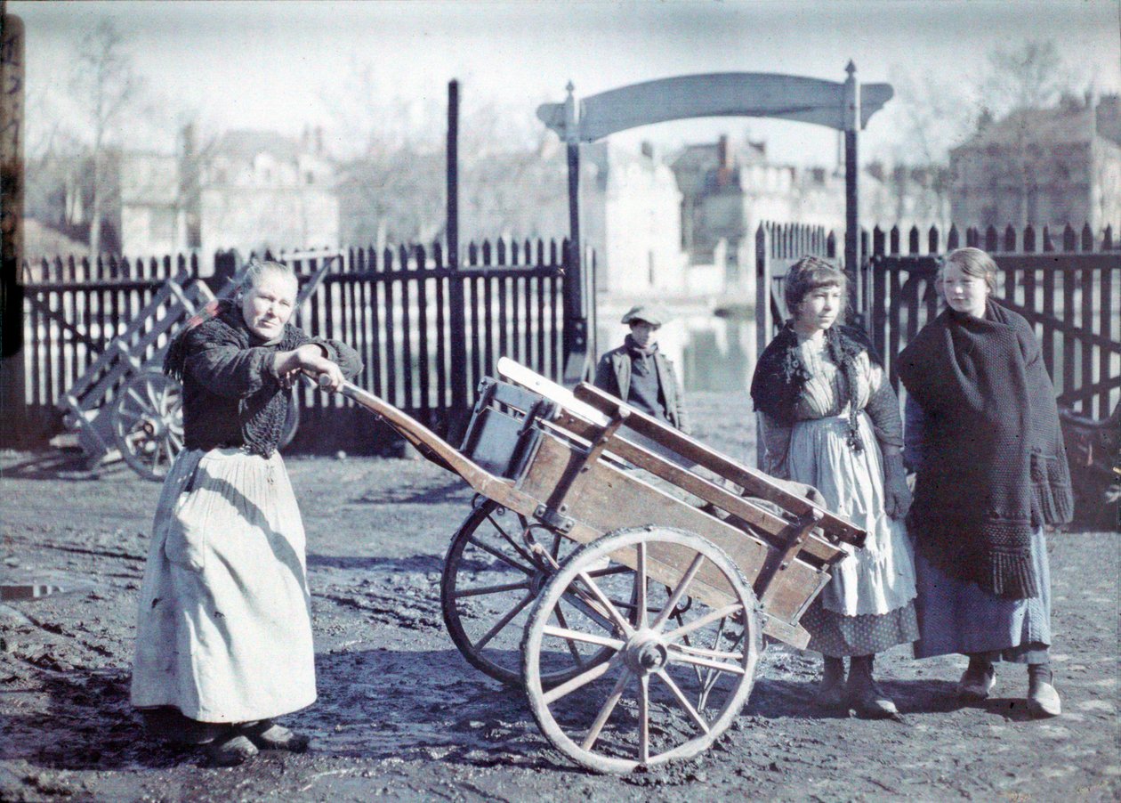 Old Woman with a Cart on a Muddy Road, with Two Girls and a Boy, France ...