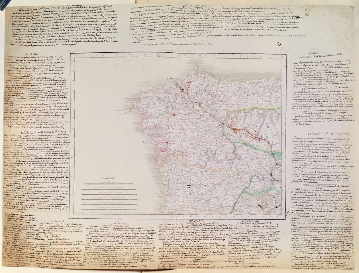 Map of Galicia with the route of the French army and a log, from the ...
