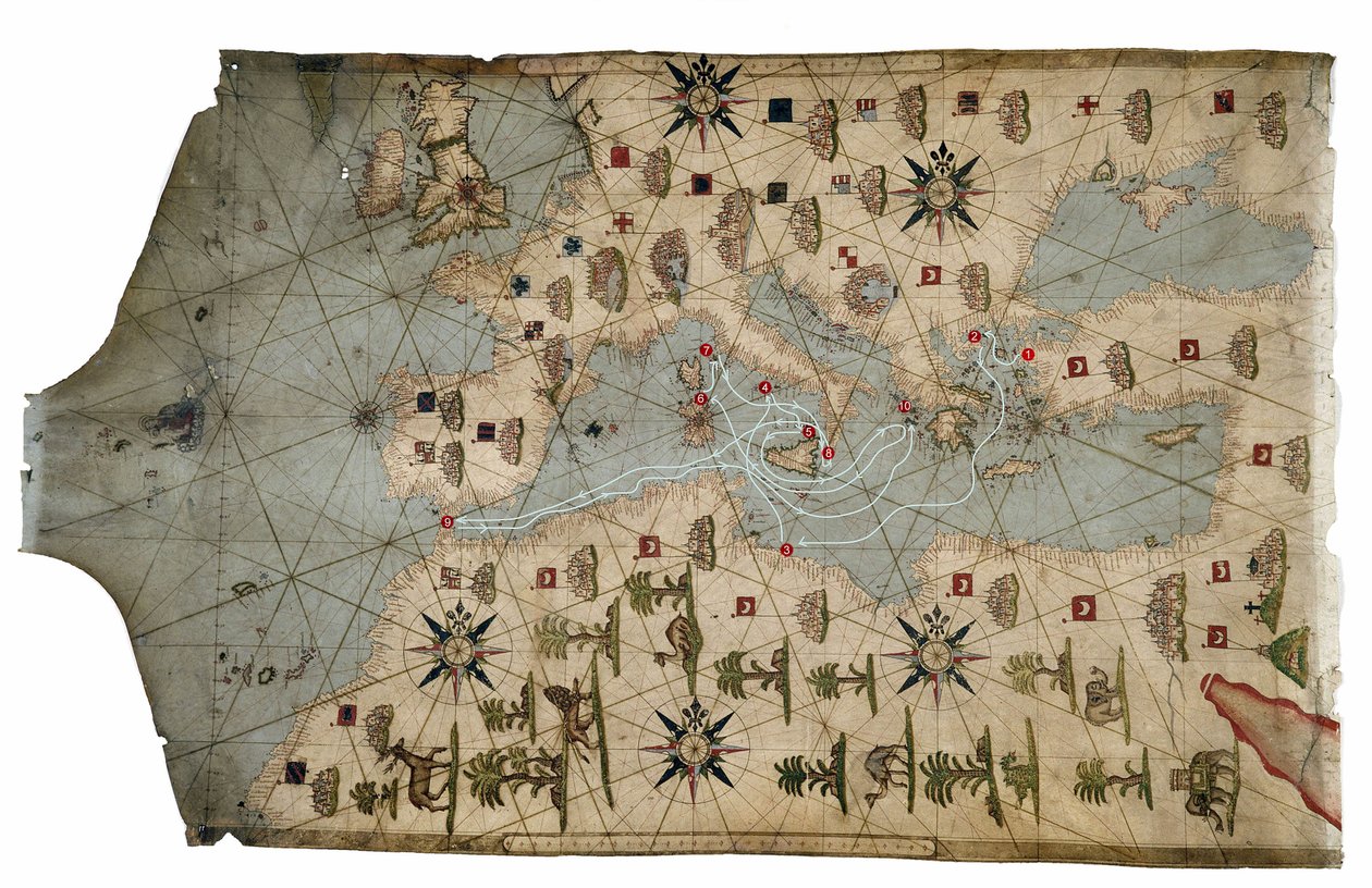 Portolan Chart of the Mediterranean Coast, Depicting the Different ...