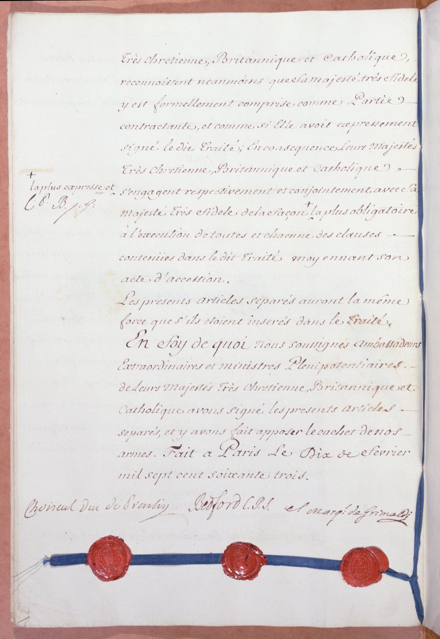 Treaty of Paris, ending the Seven Years War, signed by France, Great ...