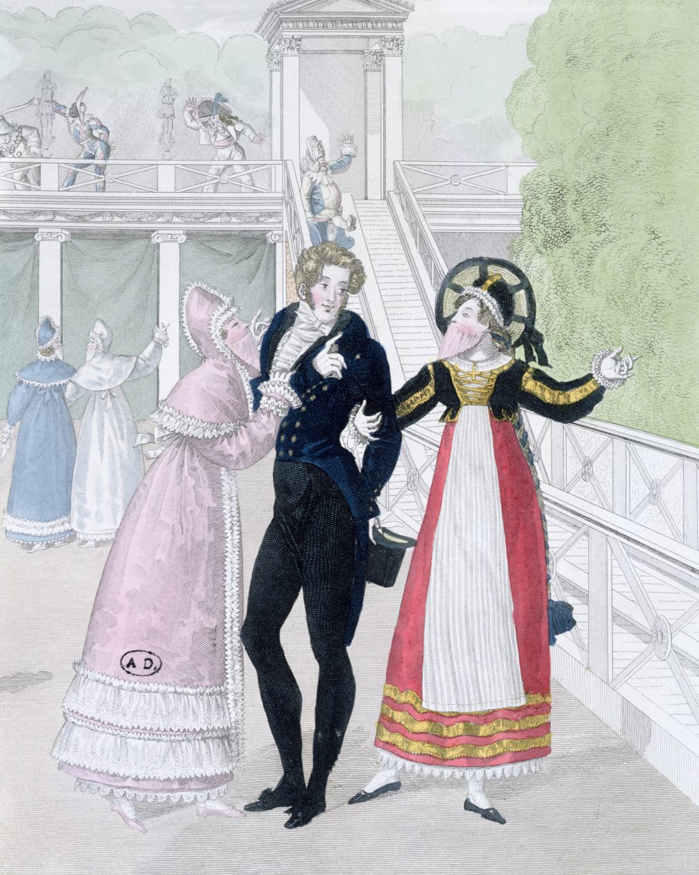 A dandy being courted by two masked women from the series Le Bon Genre