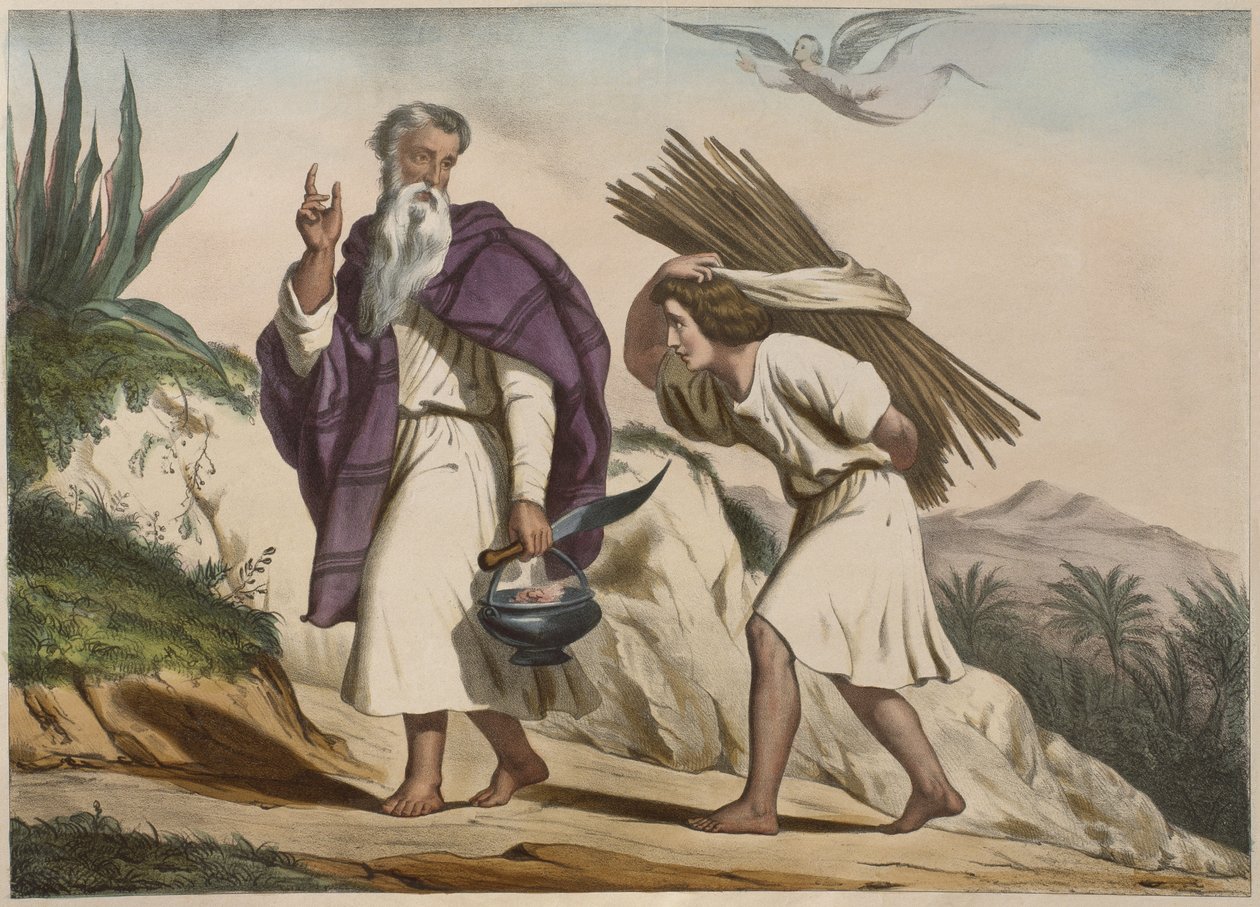 Abraham taking Isaac to Mount Moriah, illustration from a catechism L ...