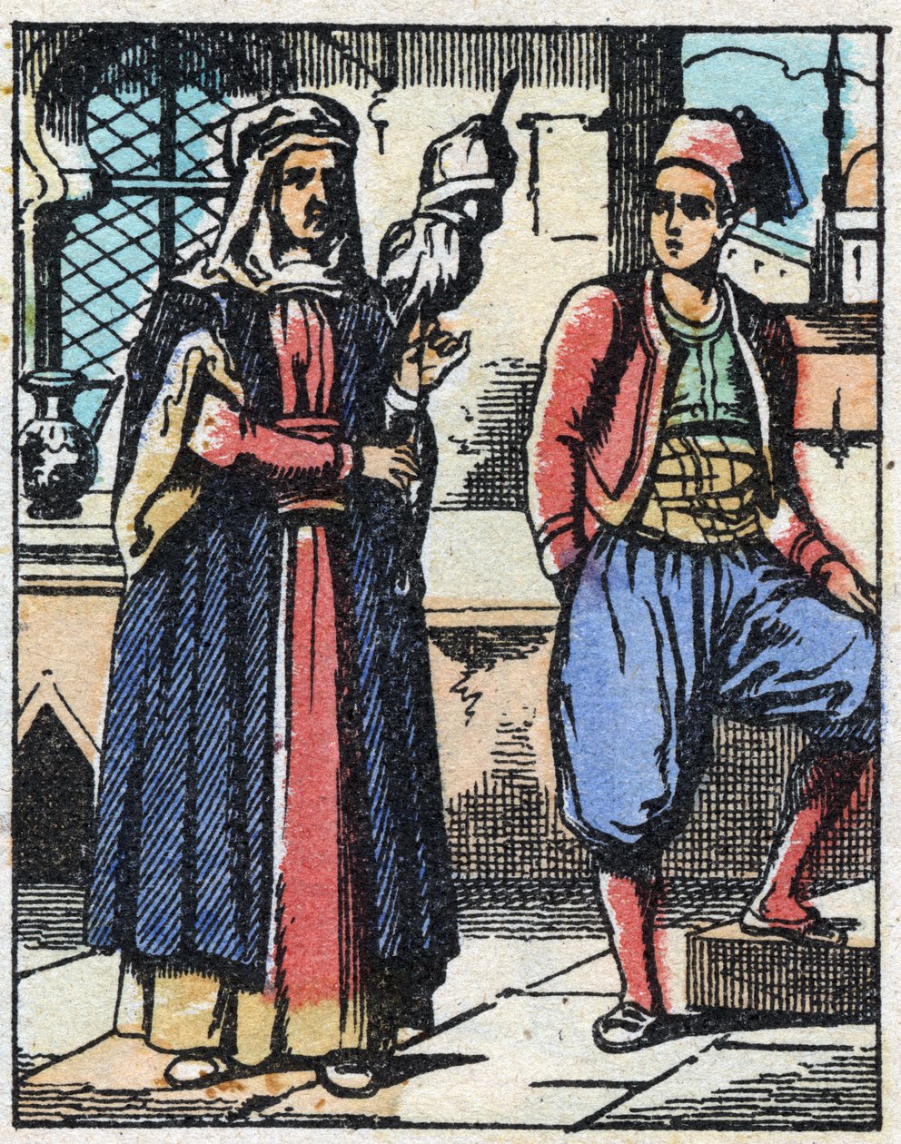 Aladin and his mother living from their work. Engraving of the tale of Thousand and One Nights ...