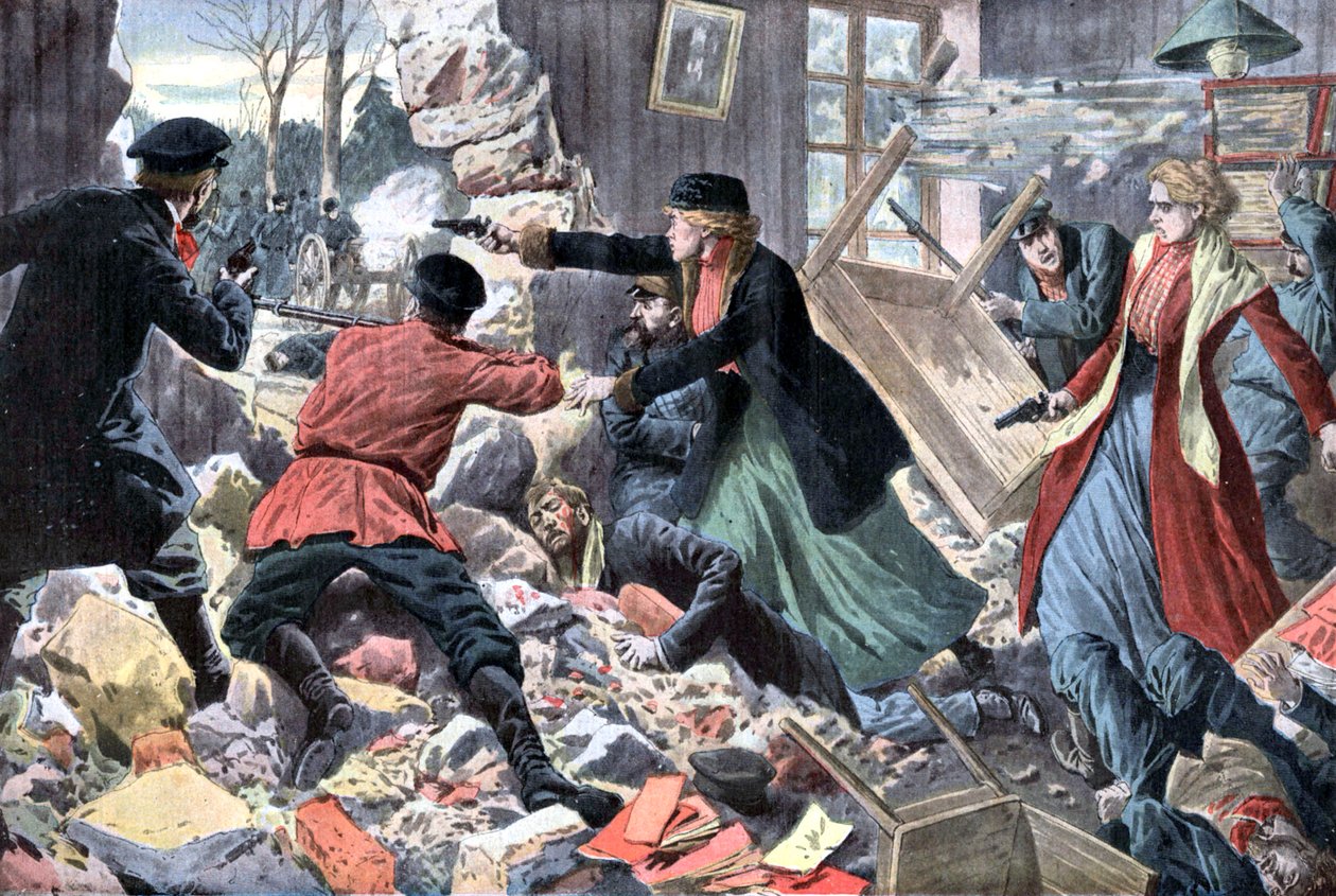 Anarchist revolutionaries fighting against Russian policemen, near Moscow