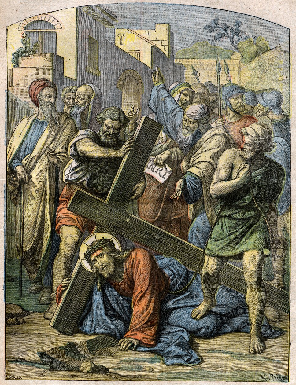 Bible Scene - Way of the Cross: Jesus falls a second time. Engraving in ...