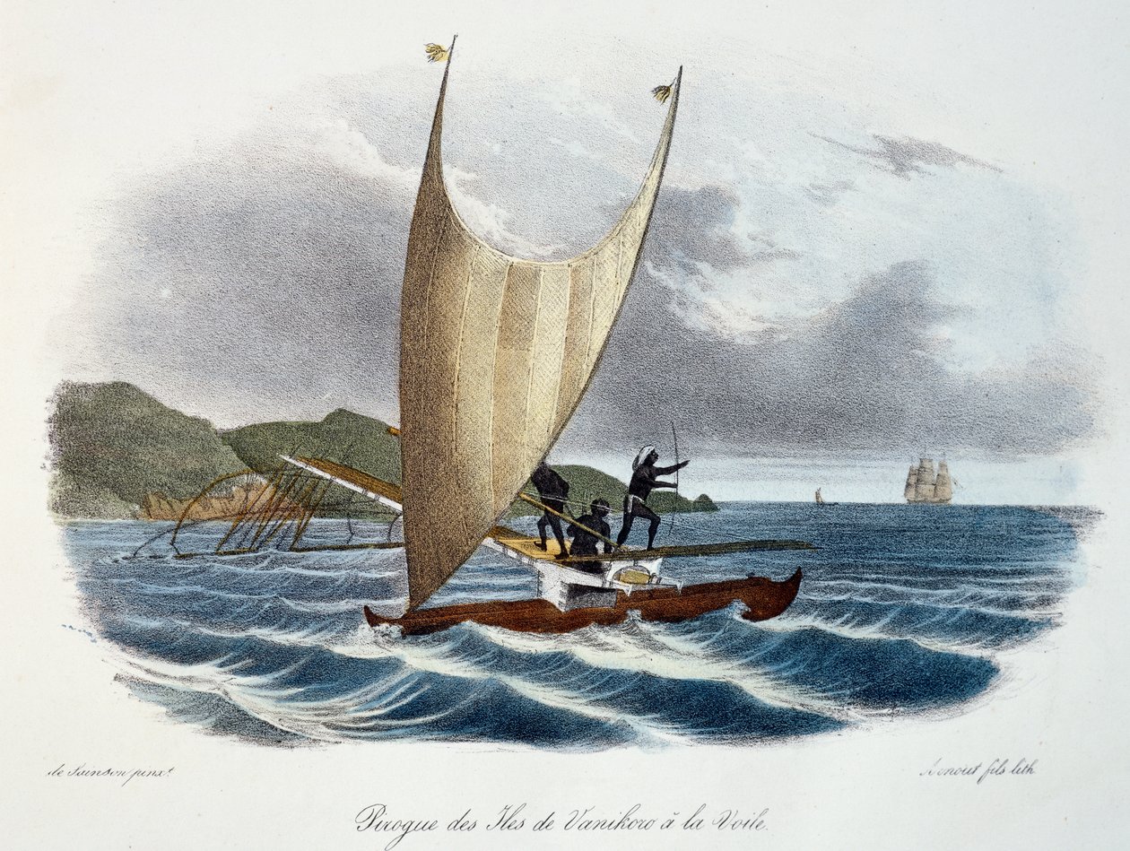 Canoe with sail from the Vanikoro Islands, Solomon Islands, colour ...
