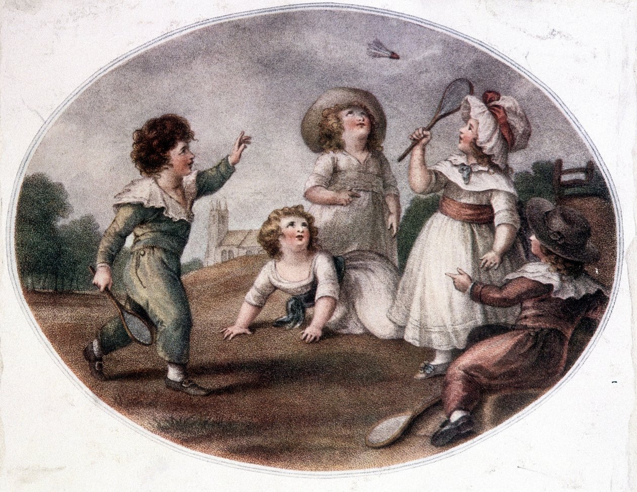 Children playing the wheel game (now badminton)