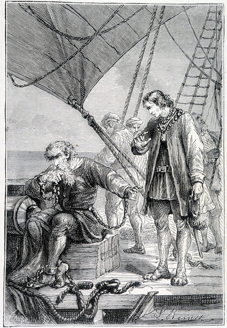 Columbus bound as a villain (on ship deck), illustration 'Discovery of ...