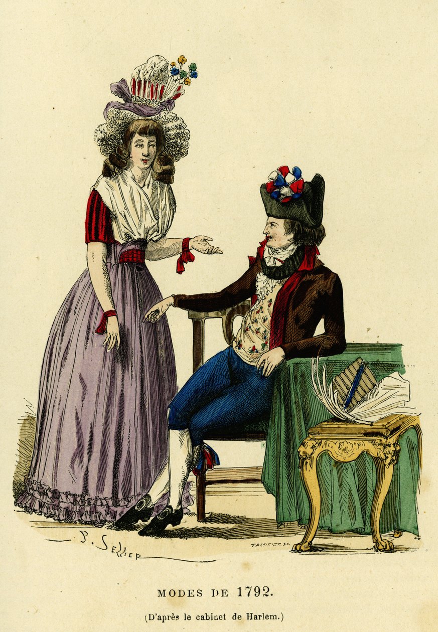 Couple in fashion from 1792. Colour engraving after the drawing of ...