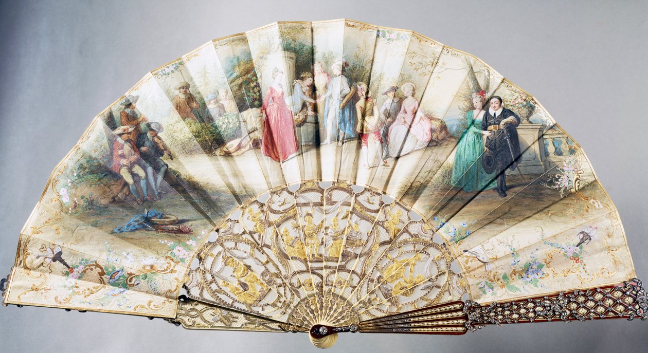 Court Hand Fan Depicting Love and Theatre, Covered Paper with Ivory ...