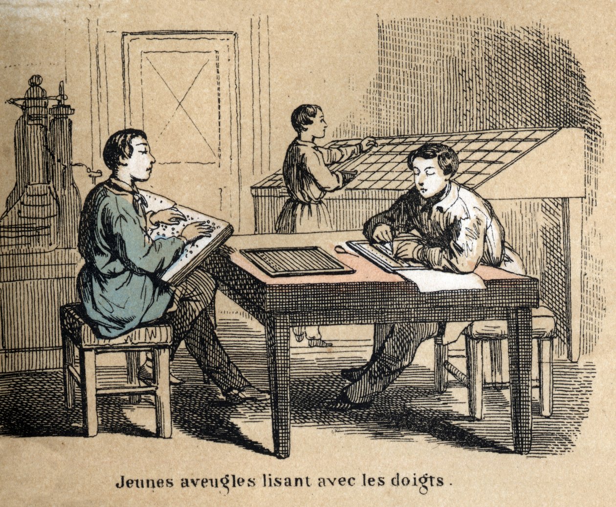 Description of the five senses: detail of touch, young blind boys use ...