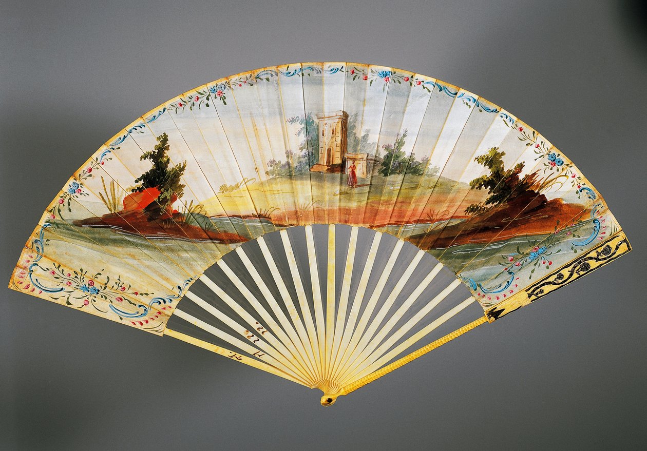 Double leaf hand fan painted with pastoral scene, back