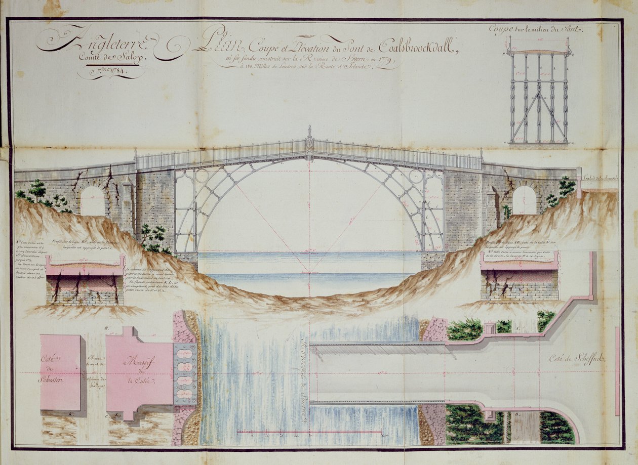 Drawings and Cross section of the Iron Bridge constructed in 1779 at ...