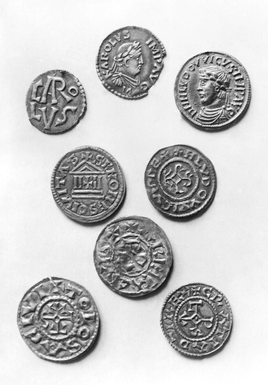 Eight Carolingian coins by French School: Fine art print