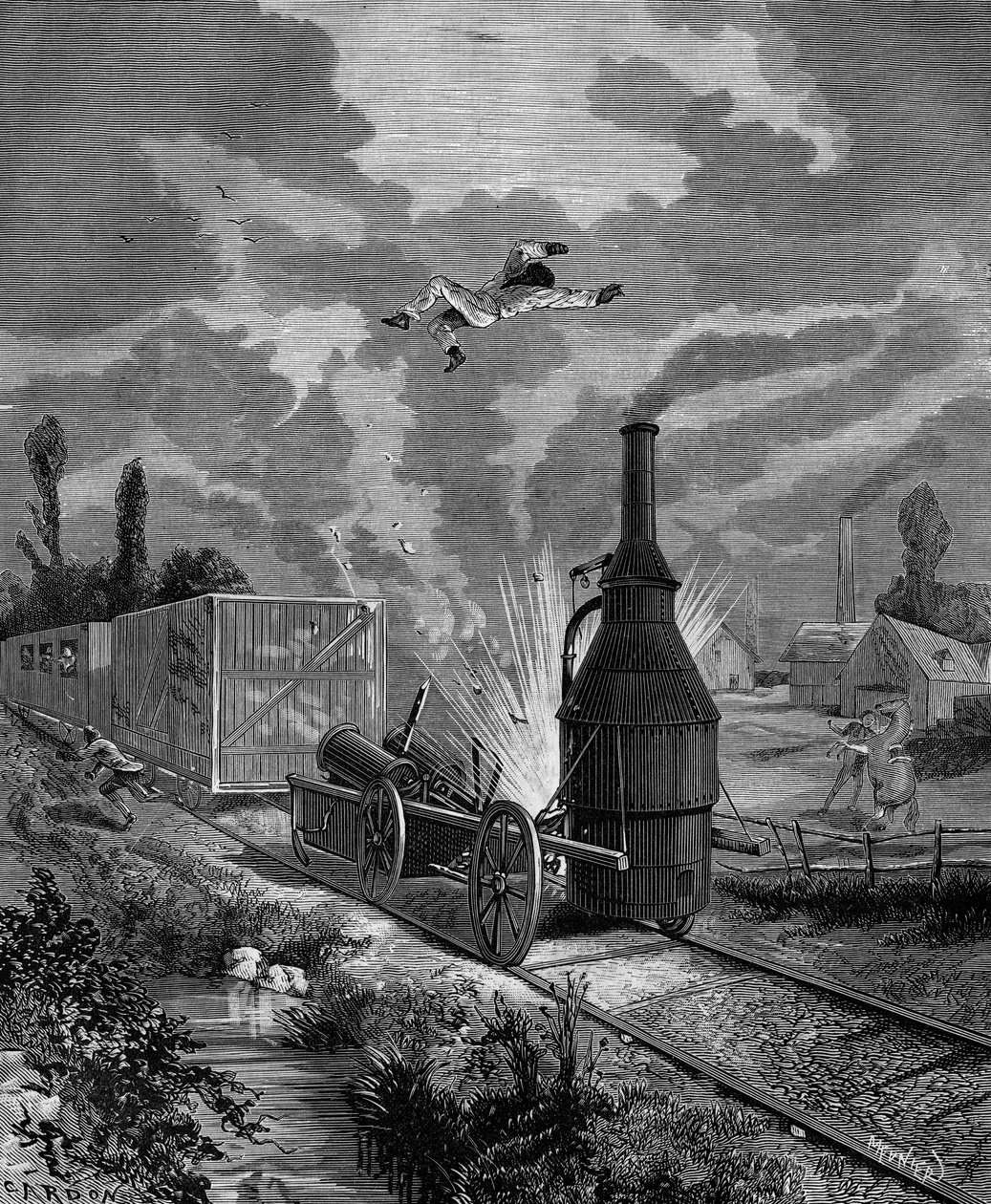 Explosion of the Boiler of One of the First American Steam Locomotives ...