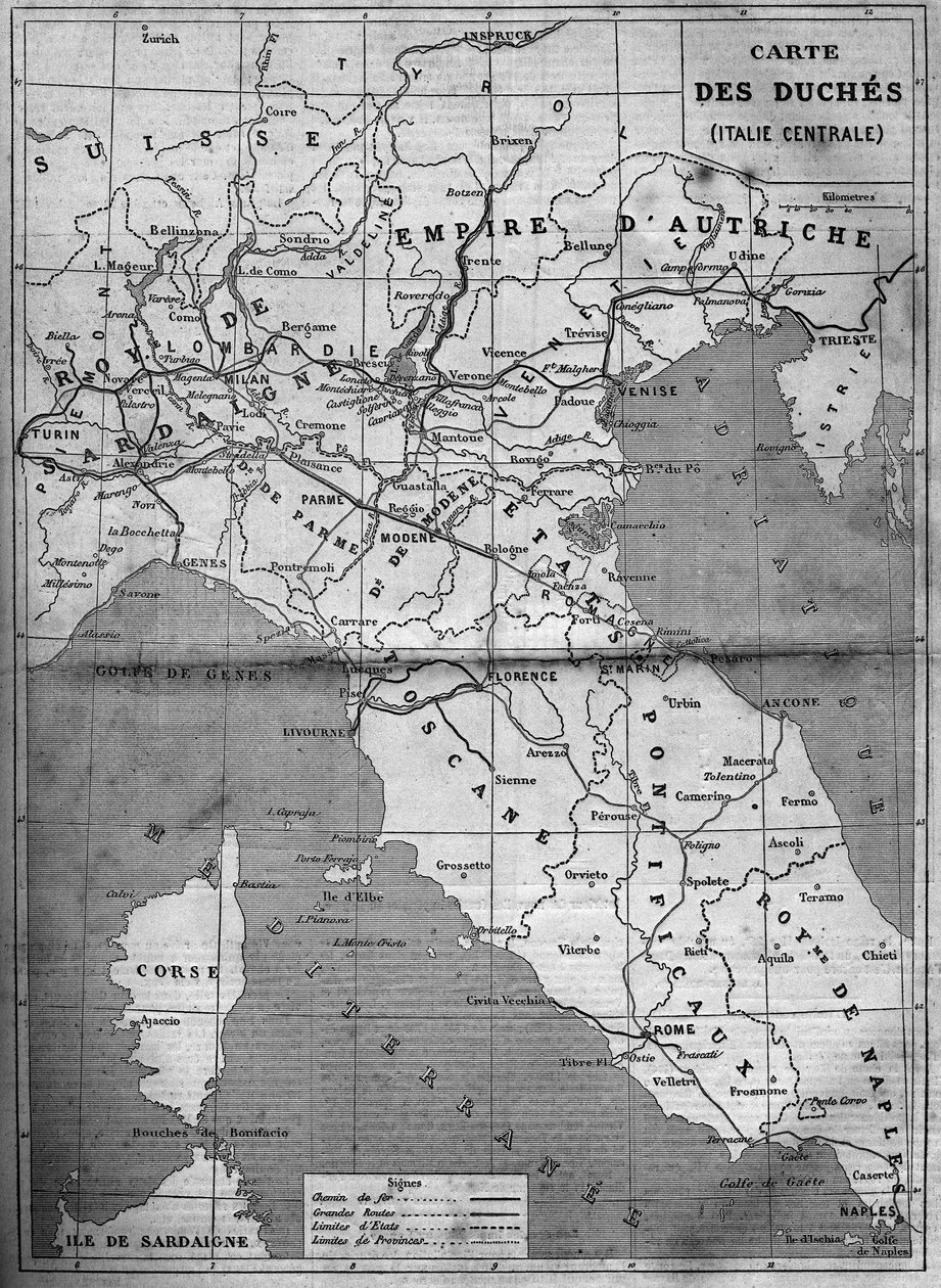 Geographic map of the duchies of Central Italy in 1860. Engraving in ...