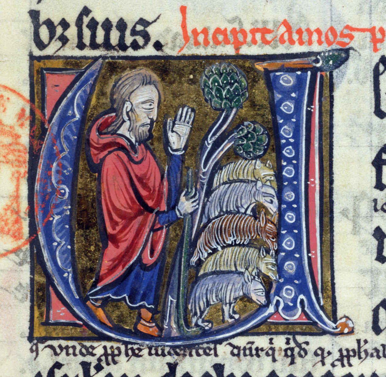 Historiated initial U depicting the prophet Amos guiding his flock ...