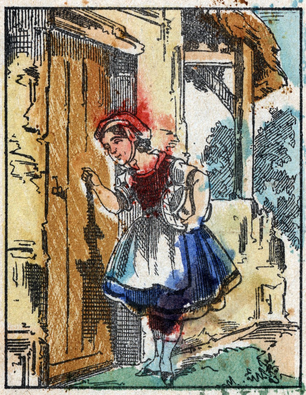 Illustration of the tale 'The Little Red Riding Hood' by Charles Perrault. Wood engraving from ...