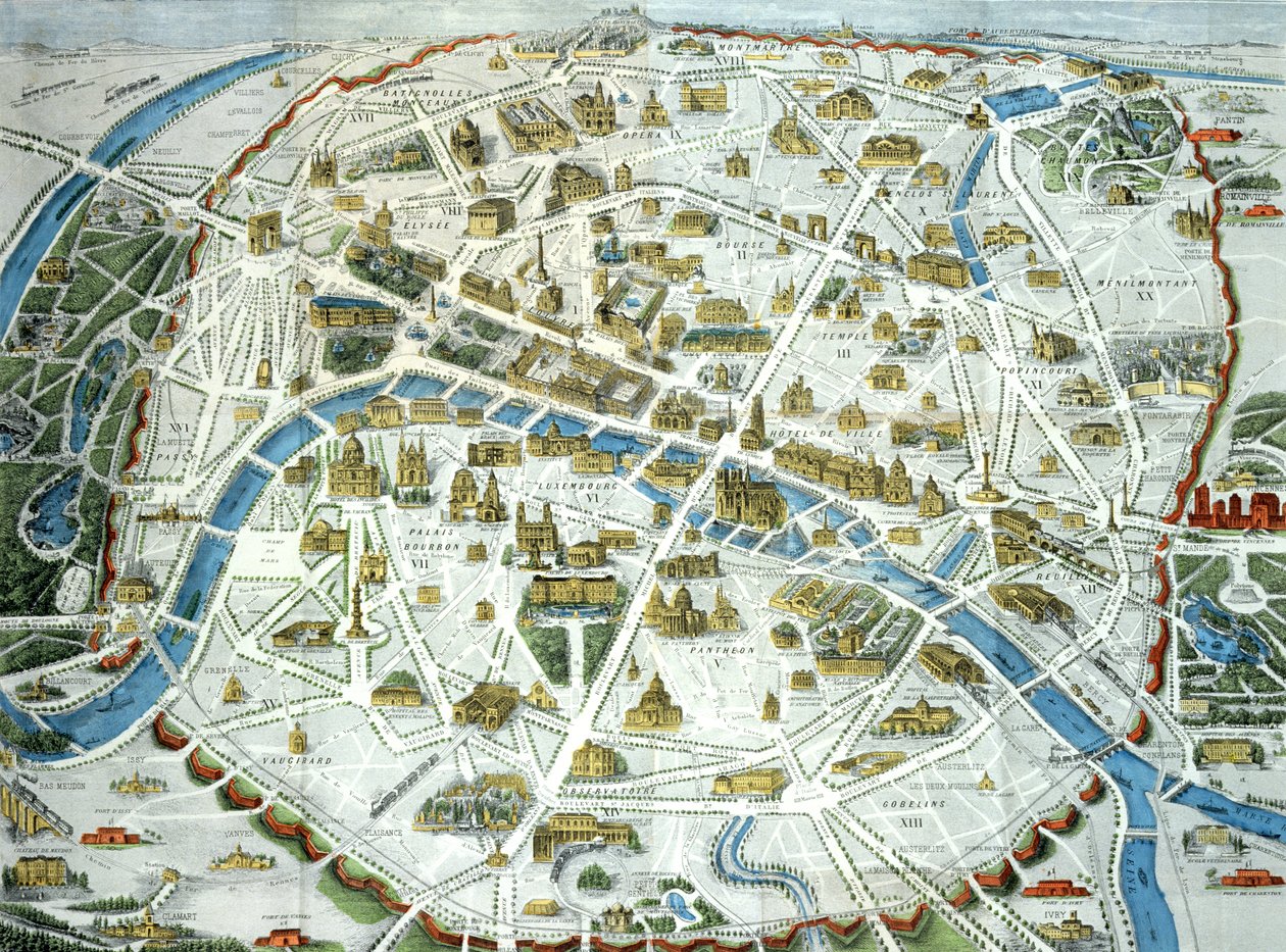 Map of Paris depicting the city's famous monuments, 1882