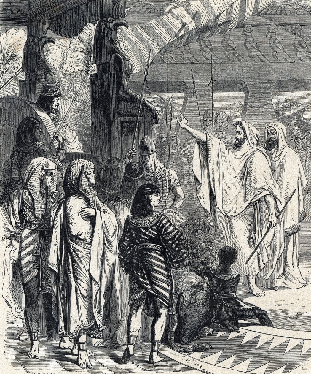 Moses and Aaron visiting the pharaoh Engraving from 'Holy History' by ...