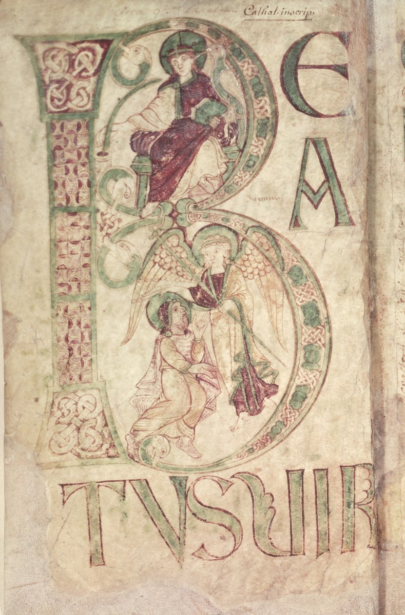 Historiated initial B depicting St. John the Evangelist and an Angel ...