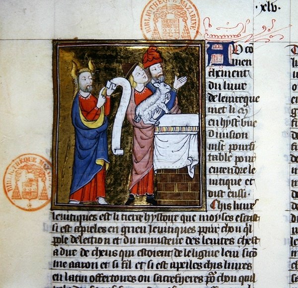 Moses offers the Passover Lamb, miniature from the Bible Historiale of ...